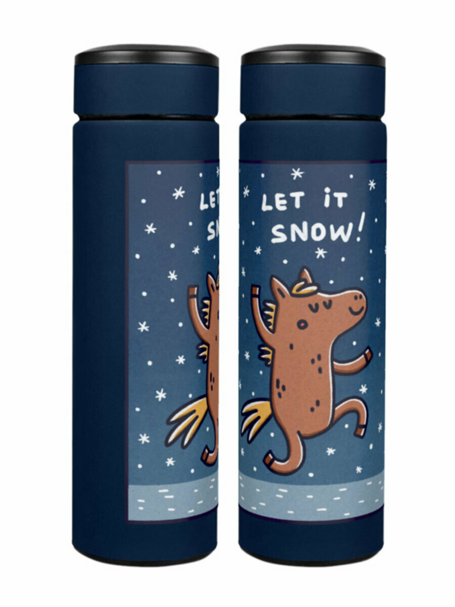 Термос «Конь и снег. Новый год. Надпись. Юмор. Let it snow» (темно-синий)