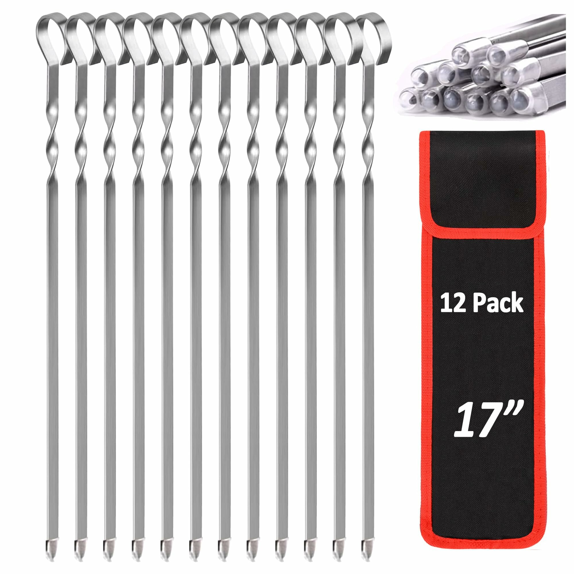 Набор из 12 стальных шампуров для барбекю длиной 17 дюймов, портативные плоские спиральные шампуры из нержавеющей стали 430 для барбекю с сумкой для хранения, 12 шампуров для барбекю, 1 сумка из ткани