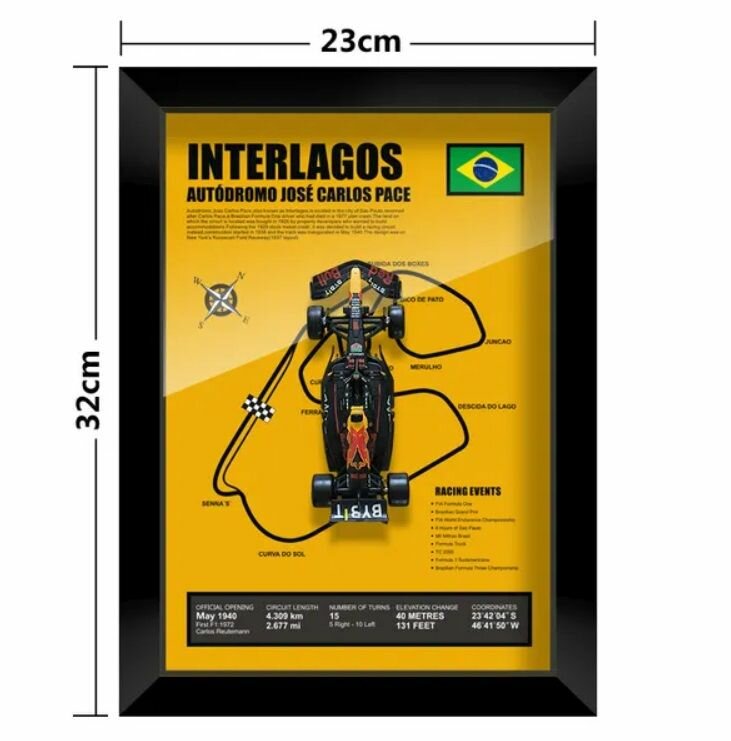 Коллекционная модель болида Формулы-1 в подарочной деревянной рамке. Трасса "Интерлагос" Бразилия. 2024 г. Red Bull/Макс Ферстаппен (RB20)