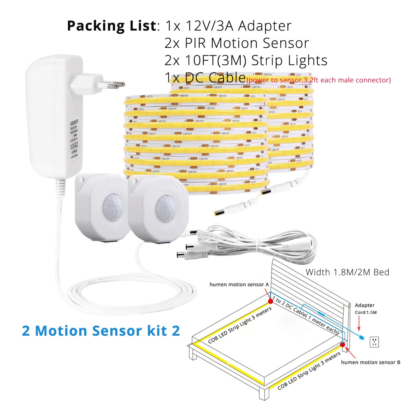 Светодиодная лента с датчиком движения 2x3M, Warm White 3000K