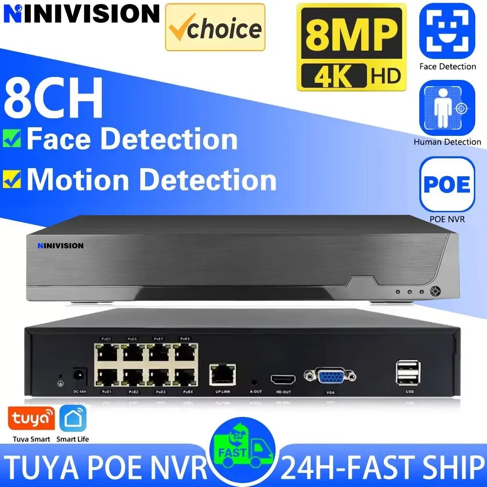 NINIVISION SMART LIFE 4K 8CH PoE NVR с функцией распознавания лиц EU Plug
