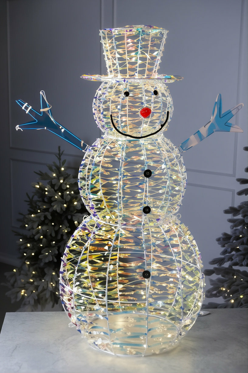 Декоративная светящаяся фигура снеговик шайн, металл, голографическая пленка, 100 тёплых белых микро LED-огней, 122 см, уличная, Winter Deco 1001348