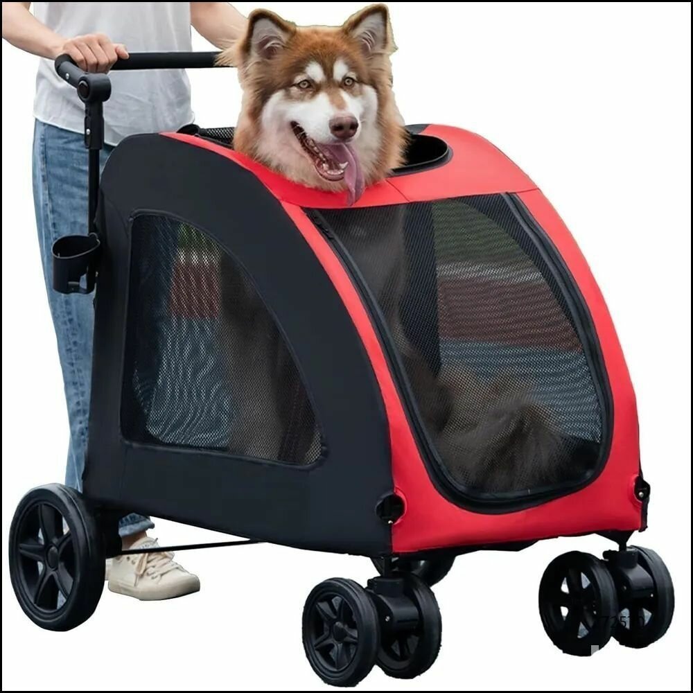 Эксклюзивная складная прогулочная коляска красного цвета для средних питомцев до 25 кг