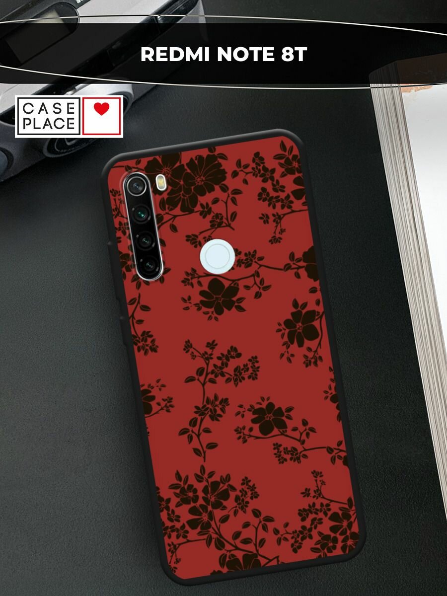 Черный матовый чехол на Xiaomi Redmi Note 8T / Сяоми Редми Нот 8Т с принтом Черные цветы на красном