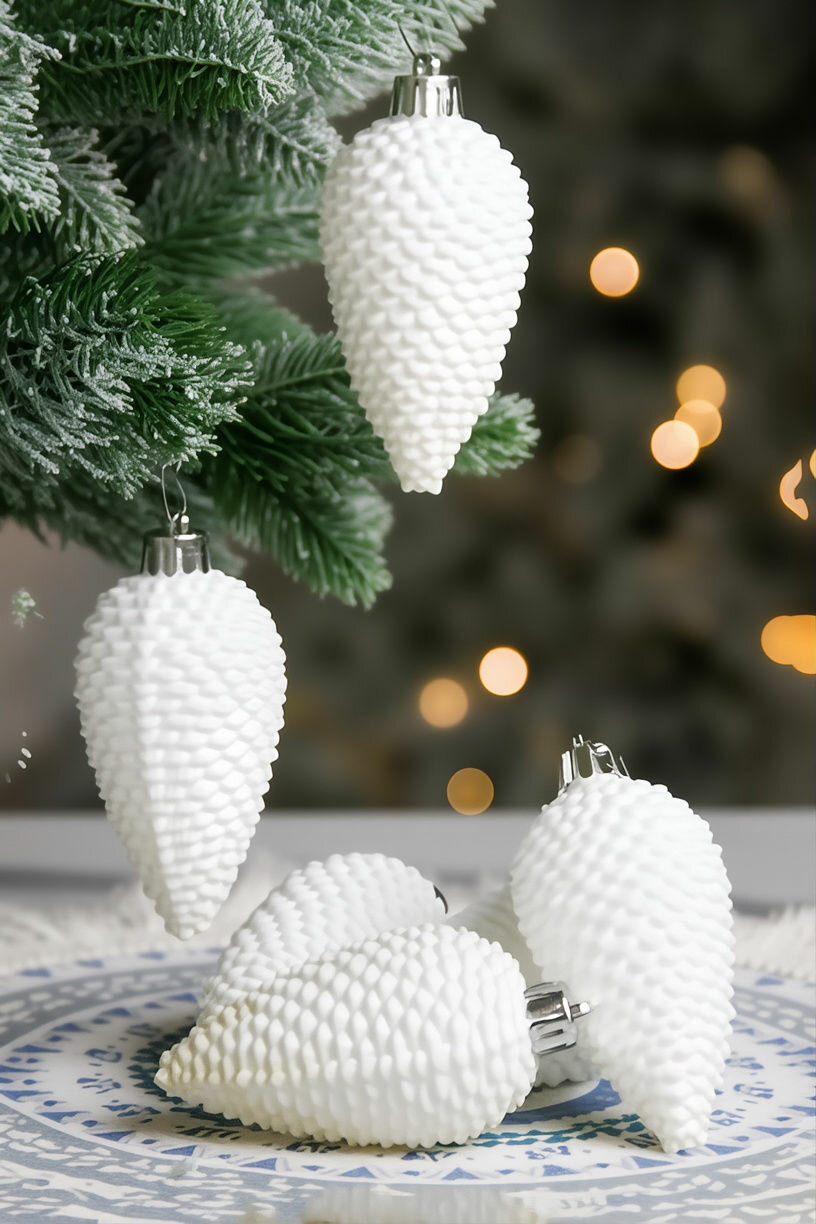 Набор шишки еловые, белоснежный, пластик, 8 см, 6 шт, Winter Deco 028600