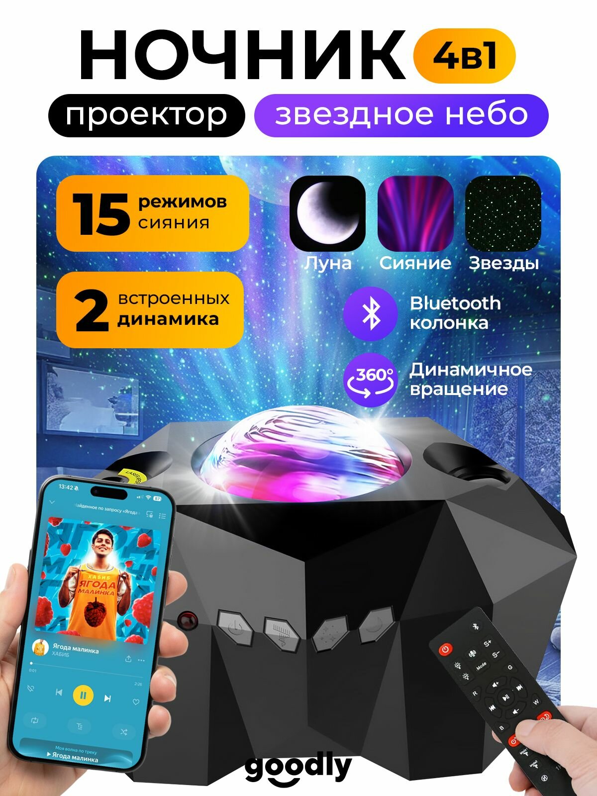 Проектор звездного неба Goodly Starry Projector с пультом, Bluetooth колонка и MP3 плеер, лазерный проектор, светильник ночник, лампа, черный