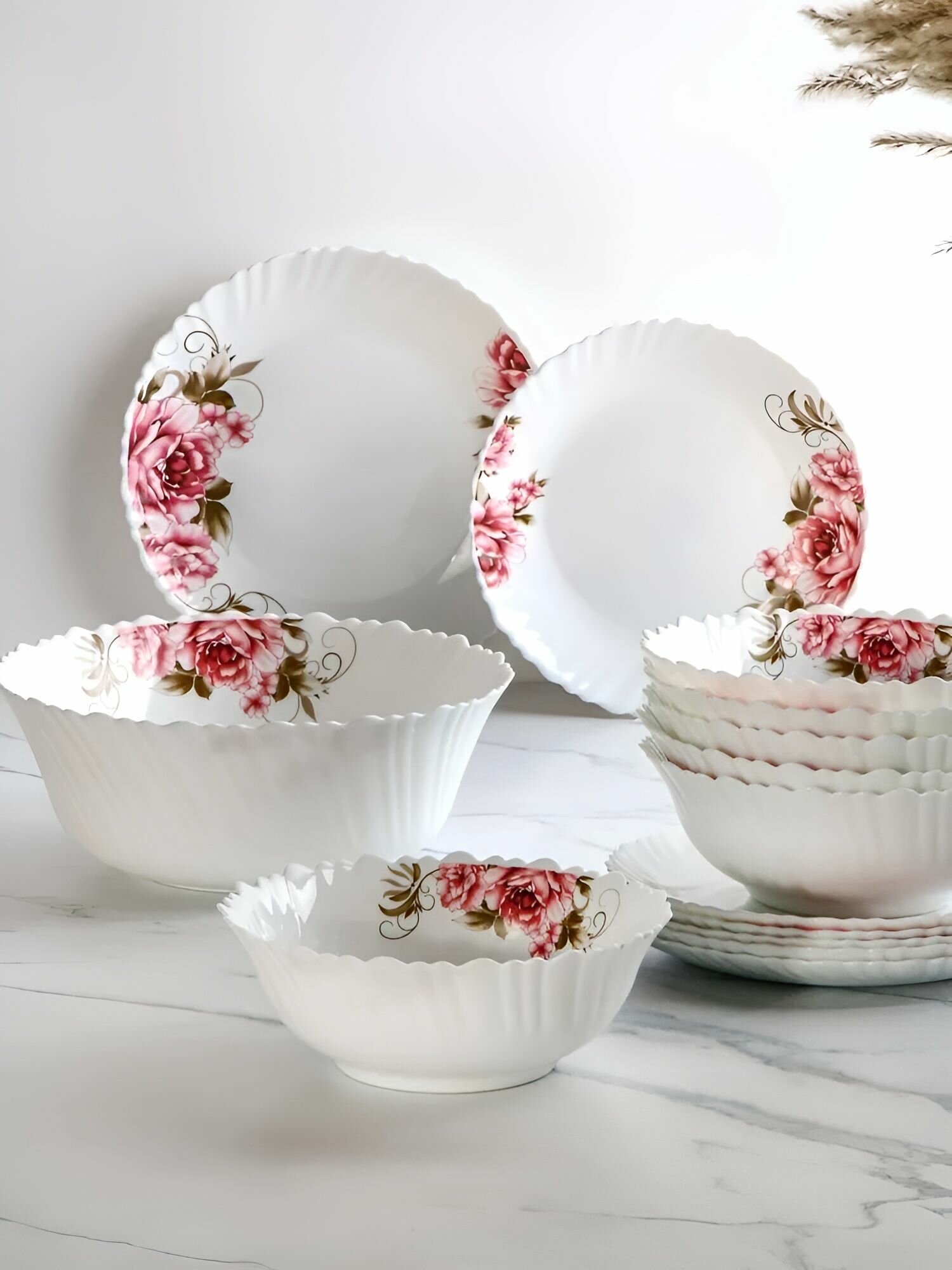 Набор Посуды. Современный Стеклокерамический Обеденный Столовый Сервиз Для 6 Персон Из 19 Предметов. Тарелки, Салатники, Суповые Пиалы. Для Первых, Вторых Блюд, Салатов и Десертов.