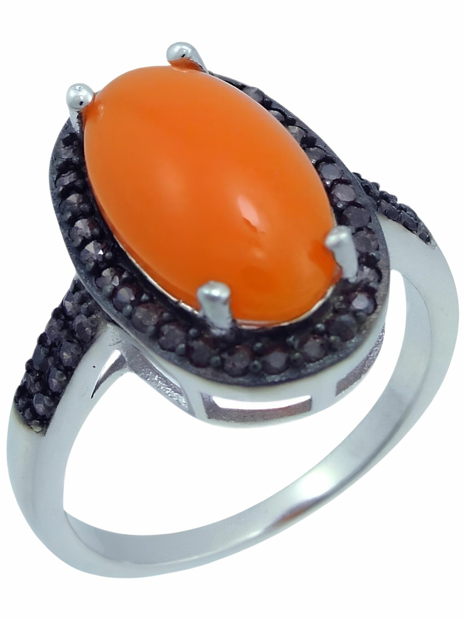 Кольцо тонкое, серебро, 925 проба, родирование, коралл, раухтопаз синтетический