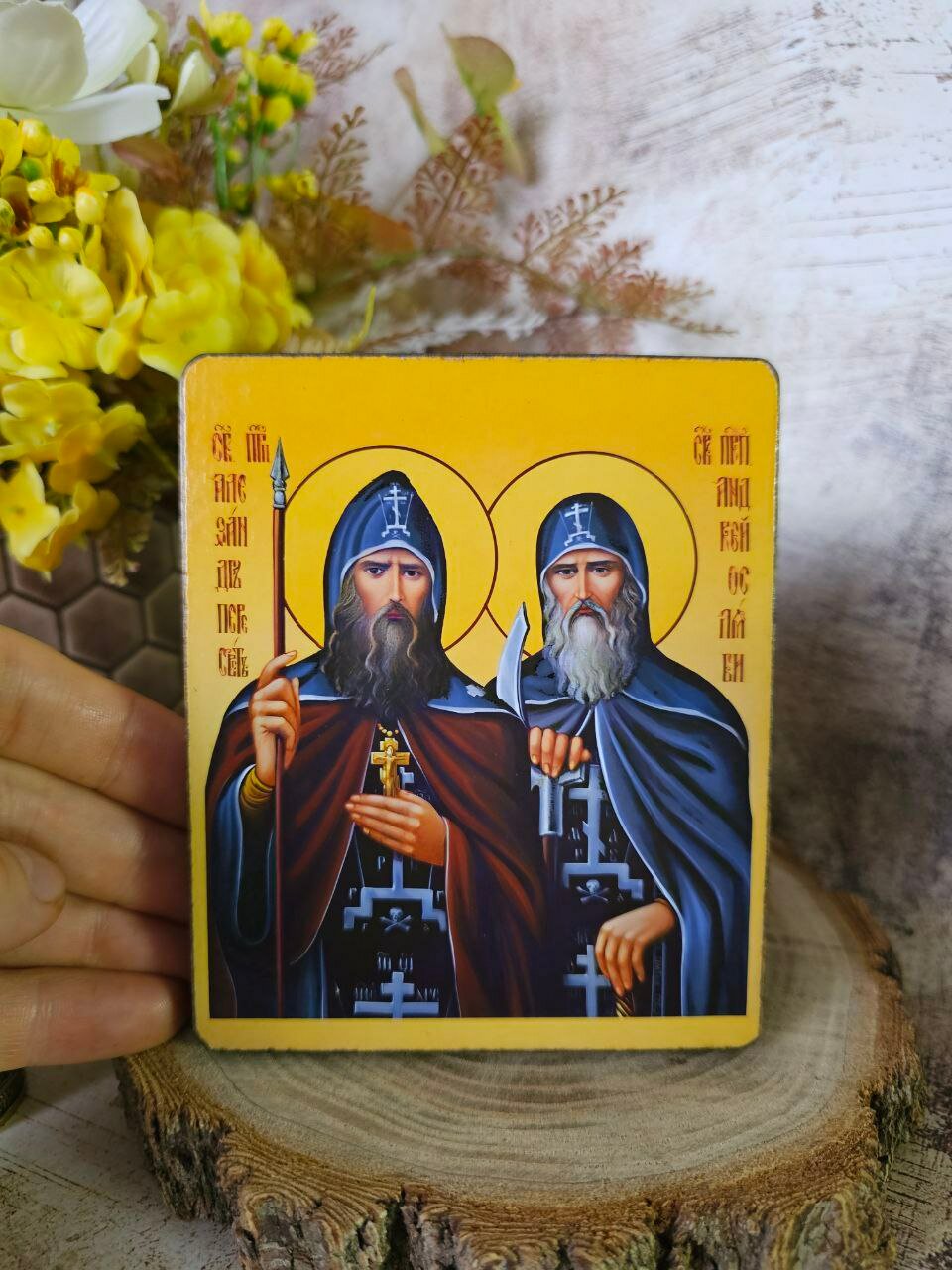 Освященная икона Преподобные Александр Пересвет и Андрей Ослябя Радонежские, икона на дереве 10*12,5 см