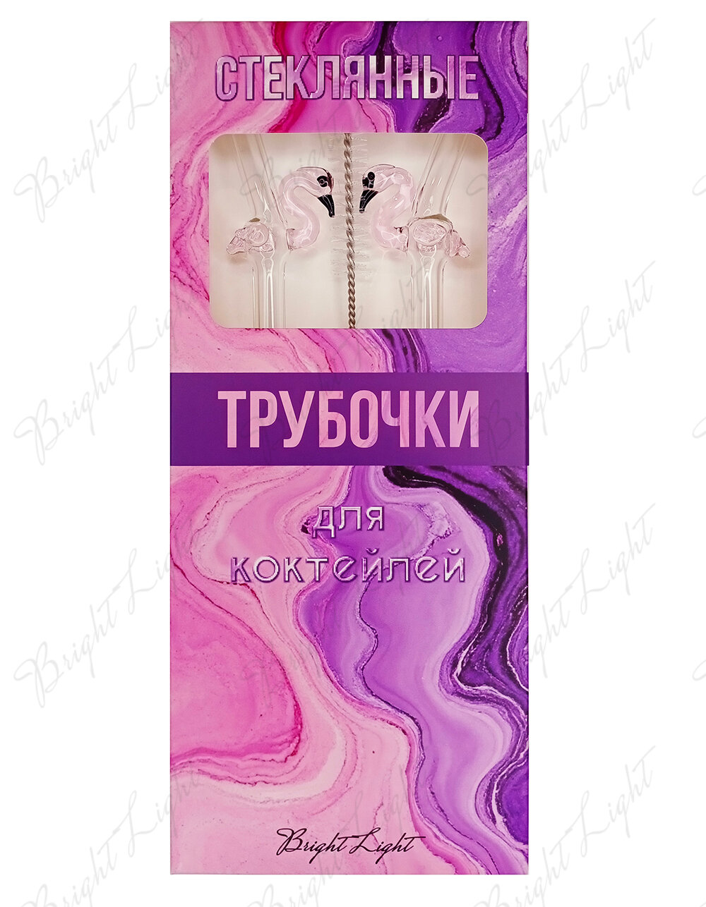 Трубочки стеклянные для коктейлей, многоразовые, прозрачные с декоративным элементов в виде птицы фламинго. 20 х 0,8 см. 2 шт. + ёршик