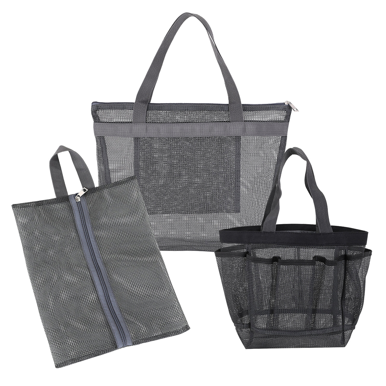 3 упаковки Сетчатый сумка для душа Сумка для обуви Портативная сумка для стирки Быстро сушащаяся туалетная сумка Косметическая сумка Органайзер для душа для ванной комнаты Общежитий Пляжа Туризма, Черный/Серый, Материал: Сетка, Размеры: Большая 30*28*10