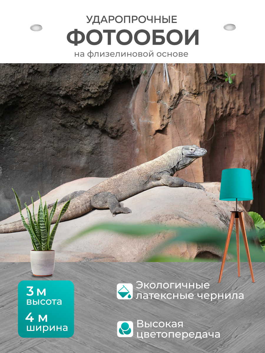 Фотообои моющиеся ударопрочные "Дракон комодо, животное, камень" 400x300 см. флизелиновые на стену