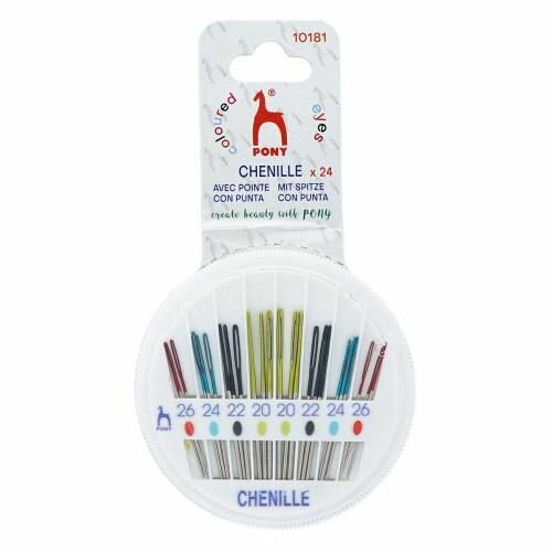 Иглы ручные для синели, глади с цветным ушком Chenille № 20-26, 24шт, PONY