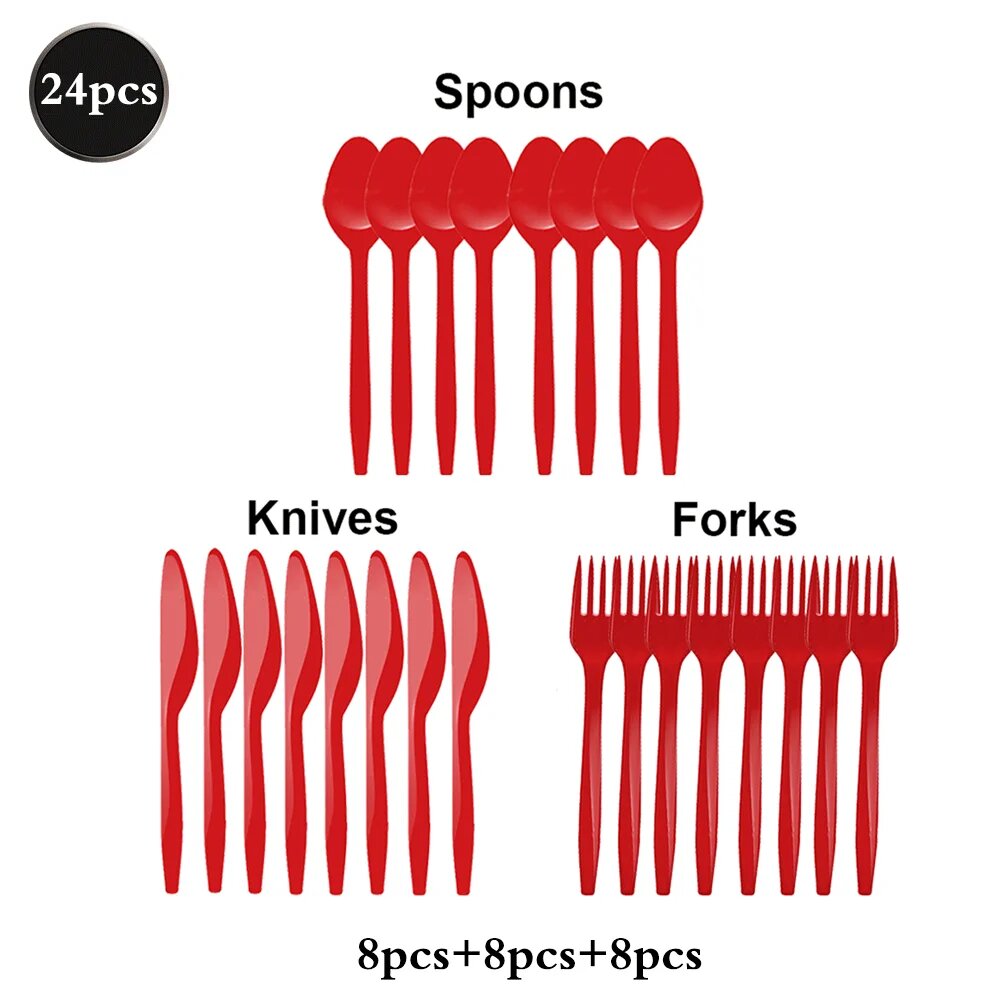 Одноразовая посуда с фруктами и клубникой EsenTroye Красный, Spoon-Knife-Fork