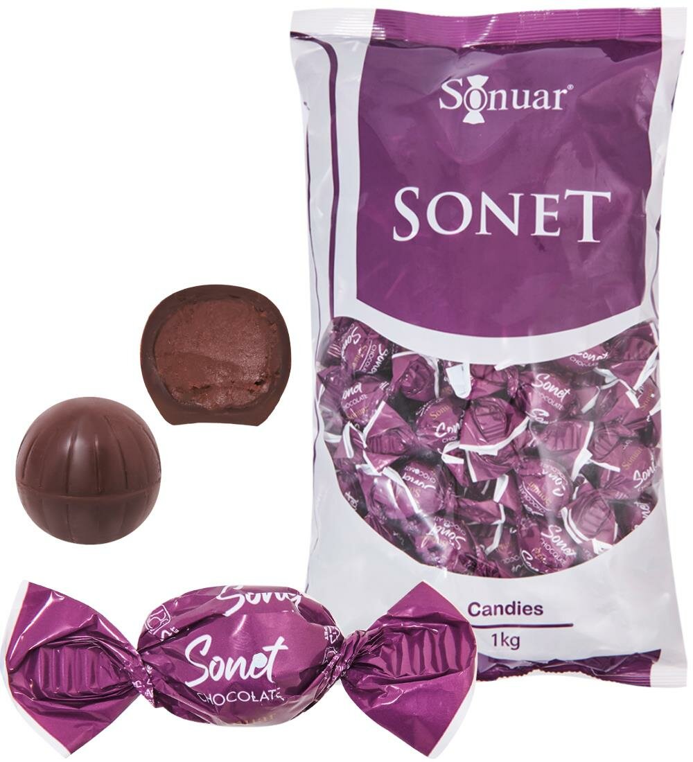 Шоколадные конфеты "Сонет" шоколадный 1,0кг (Sonuar) A2189664 Sonuar, Сахар, жир кондитерский (рафинированные дезодорированные растительные масла: пальмовое, подсолнечное), заменитель масла какао не