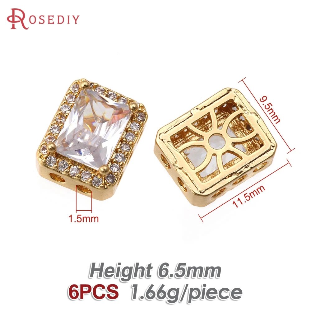 Бусины Rosediy, 6шт, латунь, циркон, 18K Gold Color
