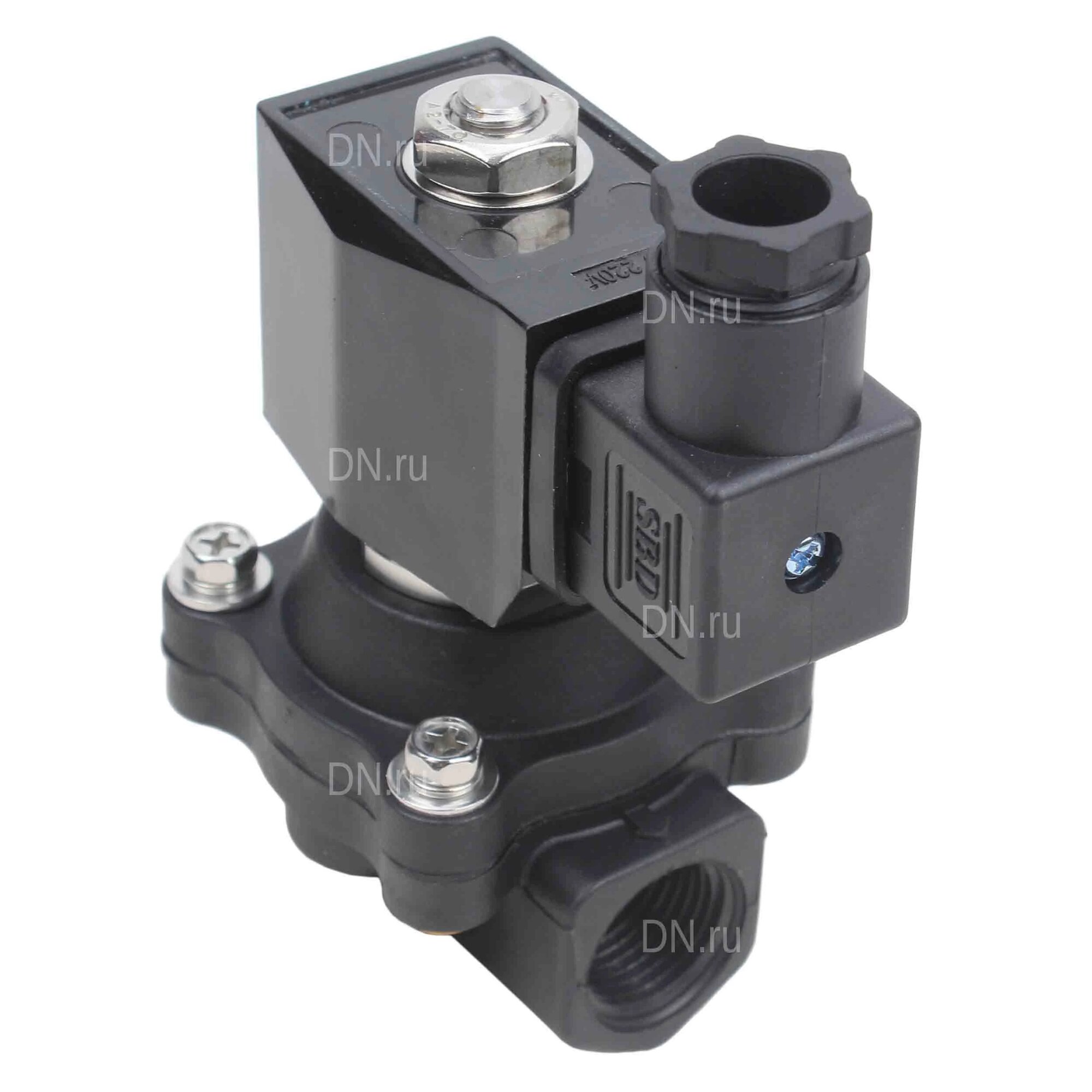 Клапан электромагнитный соленоидный двухходовой DN.ru VS2W-503E-NC Ду25 Ру7 пластиковый, прямого действия, присоединение внутренняя резьба 1, нормально-закрытый (НЗ), уплотнение EPDM, катушка 220В