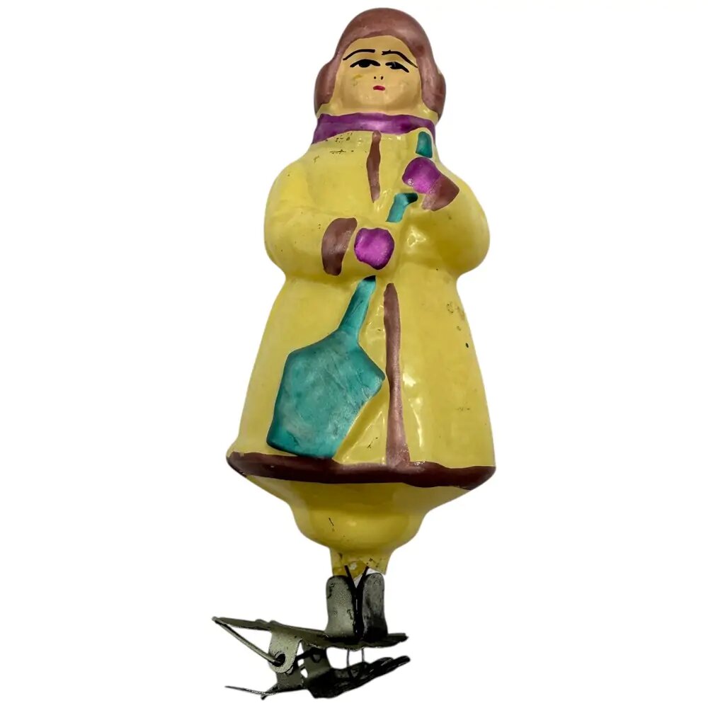 Игрушка ёлочная "Мальчик с лопаткой" на прищепке, 10 см, 1950-1960 гг, КультИгрушка, СССР (скол)