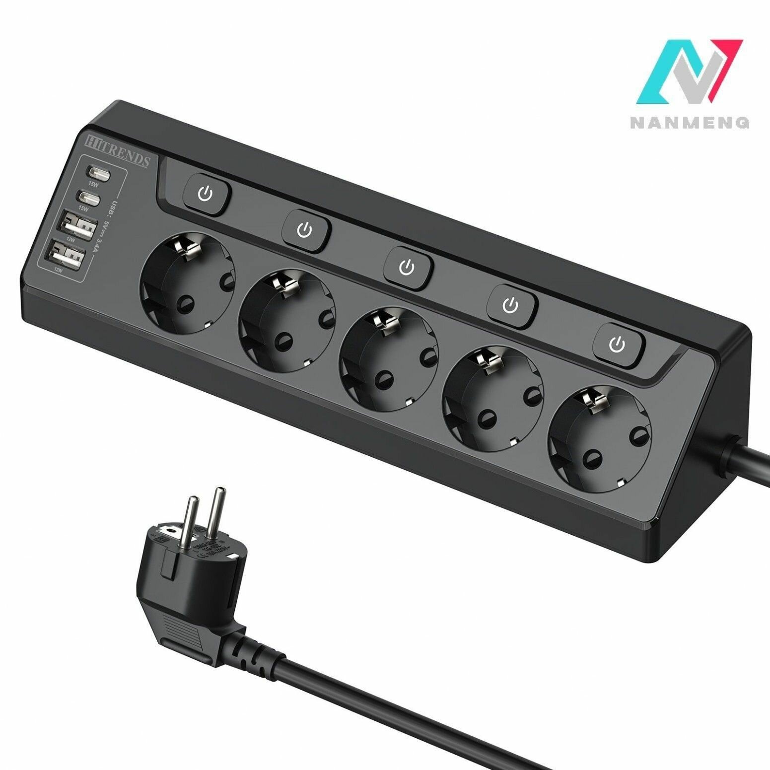 Сетевой фильтр HITRENDS с пятью розетками и четырьмя портами зарядки, включая популярный TypeC, оснащен системой защиты от перегрузок и индивидуальными выключателями при мощности до 4000 Вт