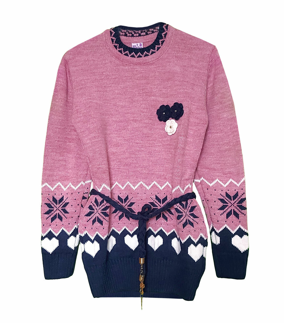 Джемпер  Вязаный джемпер - туника с пояском для девочек