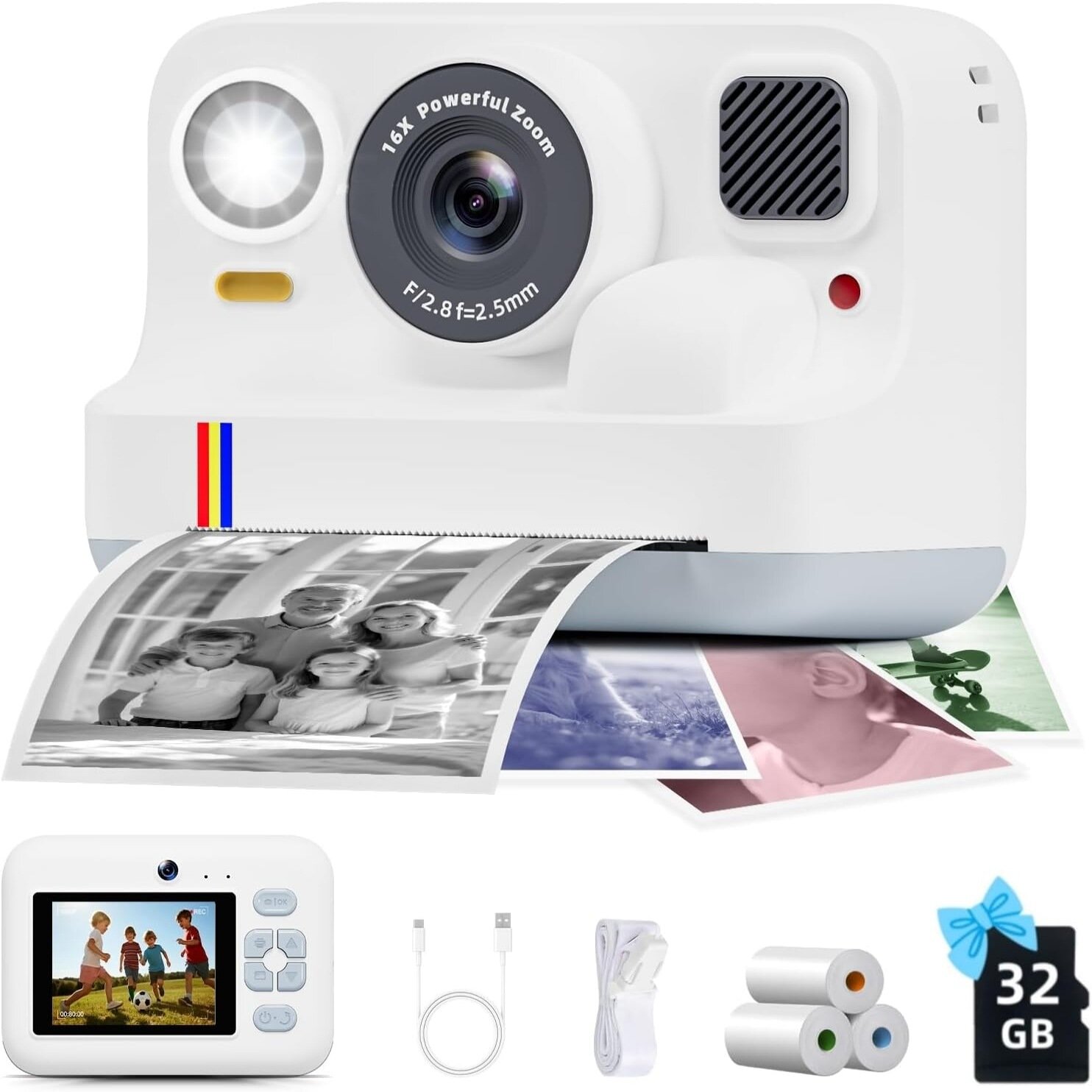 K12Pro (белый) + 32 ГБ [ремешок + USB-кабель + 3 рулона фотобумаги (красная, зеленая, синяя)]Камера моментальной печати