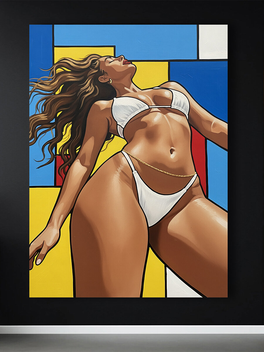 Картина интерьерная - "Стильные девушки в купальниках, бикини, яркий дизайнерский арт на стену в спальню для мужчины" , 40х60 см.