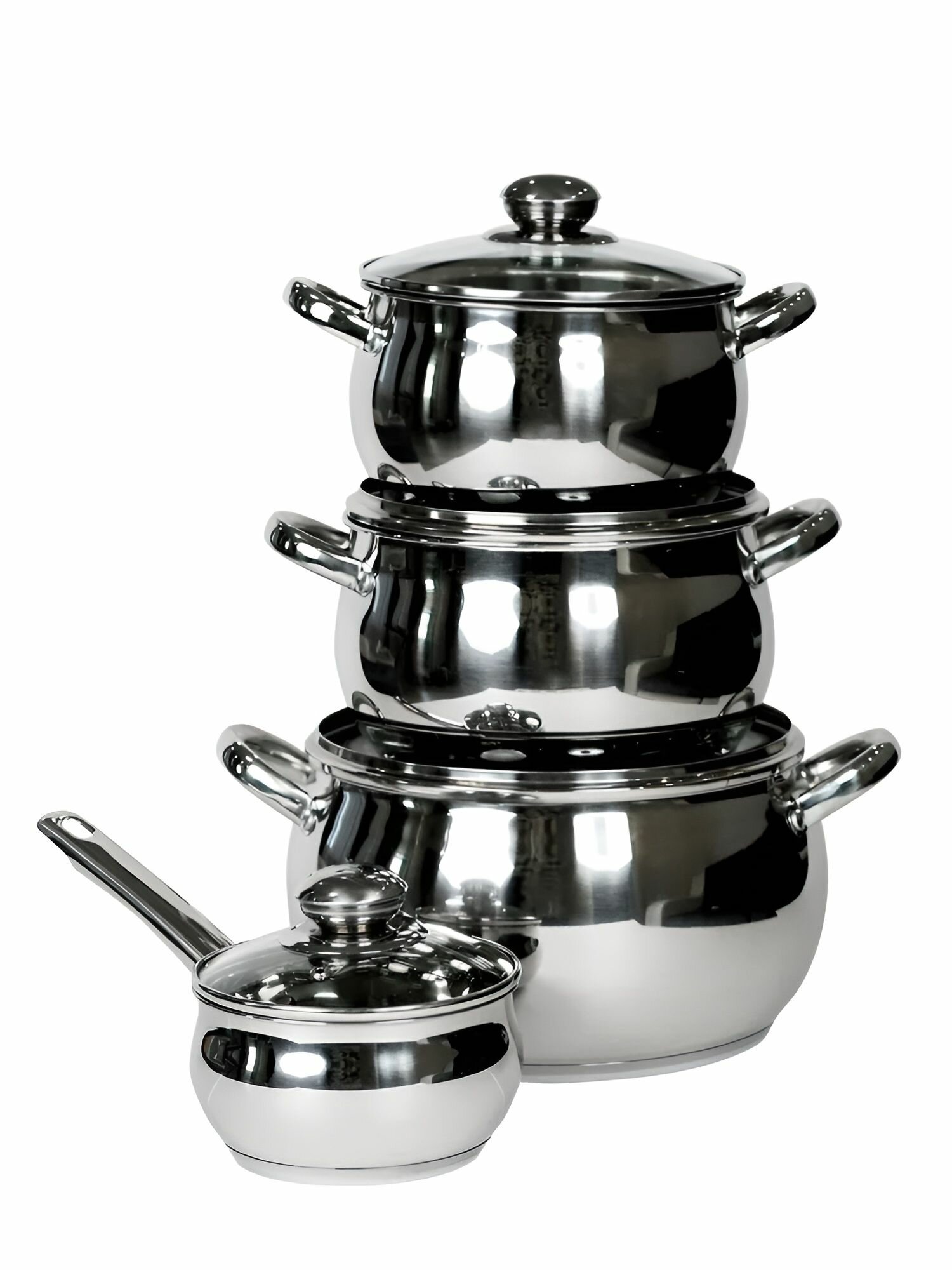 Набор Кастрюль С Ковшом С Крышкой И Толстым Дном Для Кухни и Готовки. Маленьких, Больших Из Нержавеющей Стали Для Газовых, Электрических, Индукционных Плит. Серебристый, 4шт