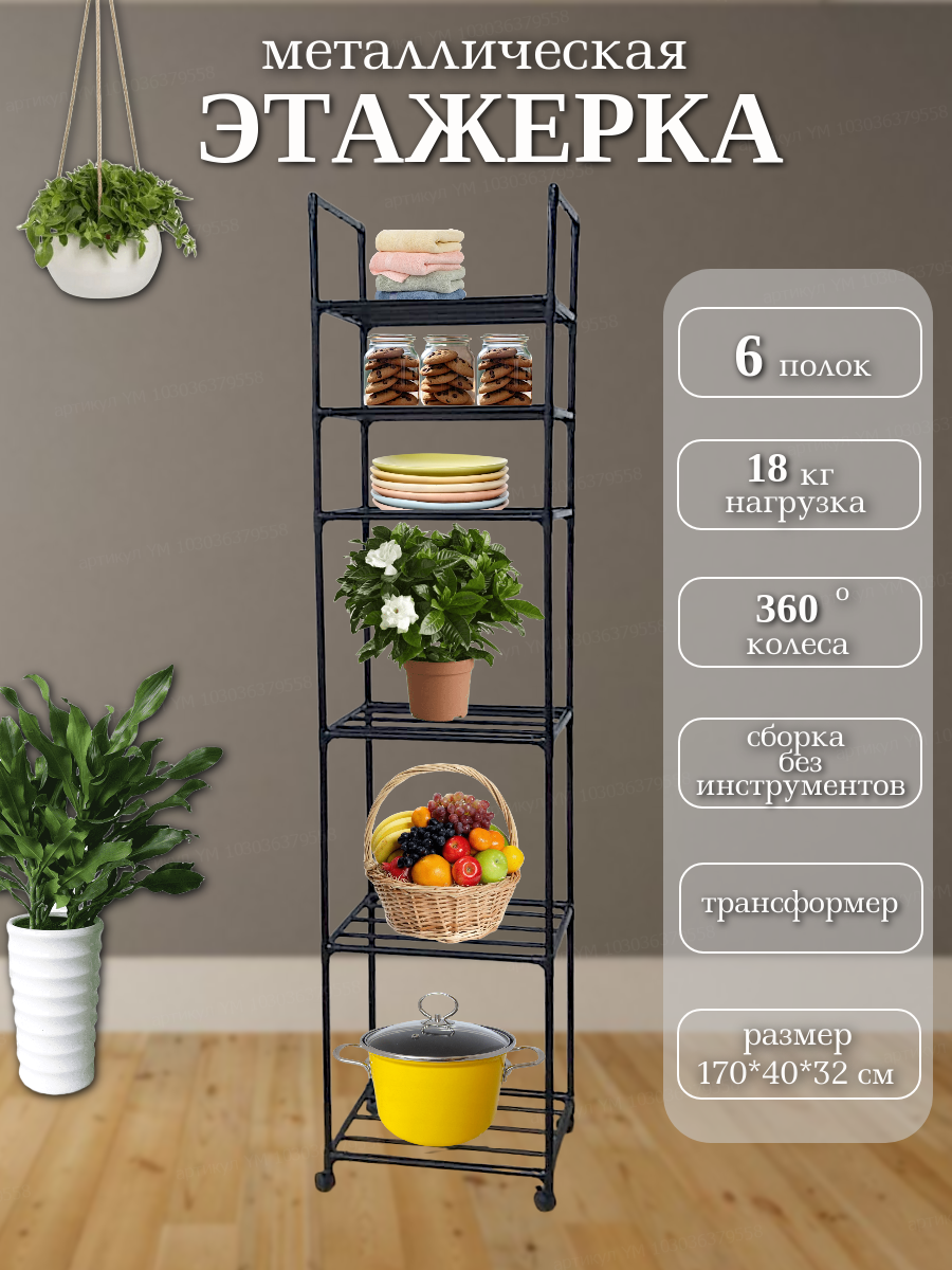 Этажерка для кухни напольная высокая металлическая на колесиках Стеллаж для ванной комнаты узкий