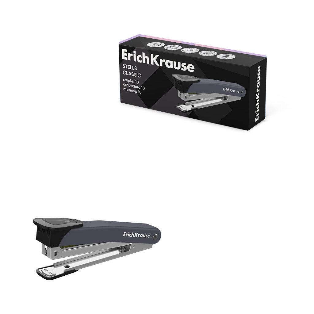 Степлер №10 Erich Krause Stells Classic до 15 листов, черный (в коробке по 1 шт.)+скобы №10