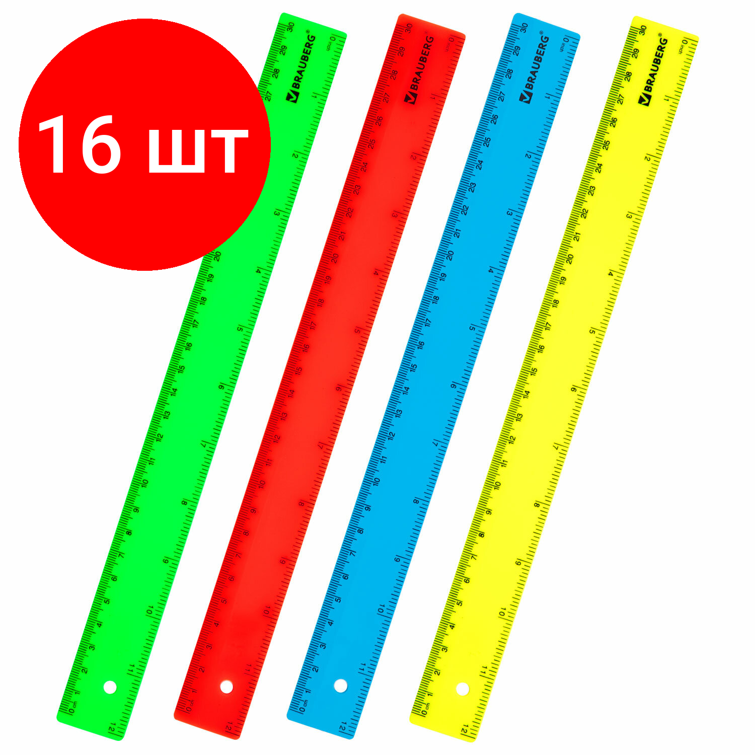 Комплект 16 шт, Линейка пластиковая 30 см, BRAUBERG, непрозрачная, неоновая, ассорти, 210839