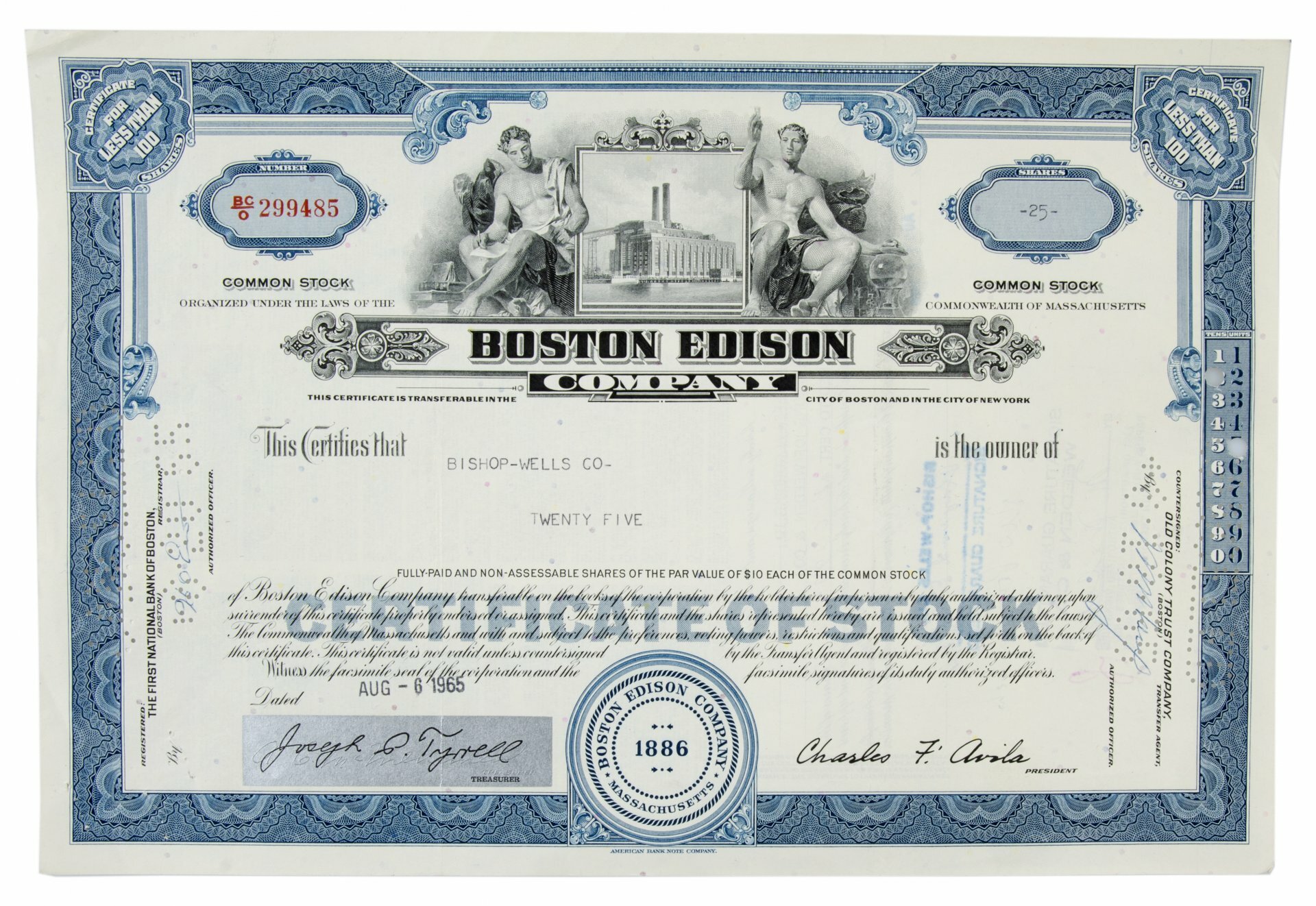 Акция США BOSTON EDISON 1965 г