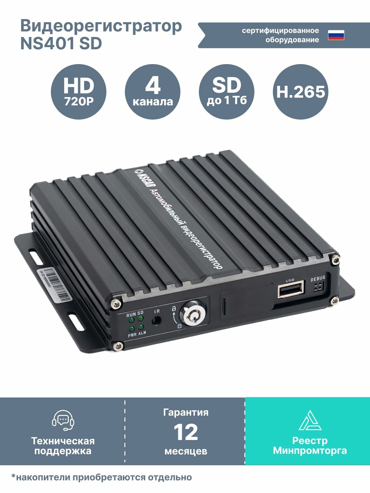 Видеорегистратор автомобильный NSCAR 401 SD (4 канальный)