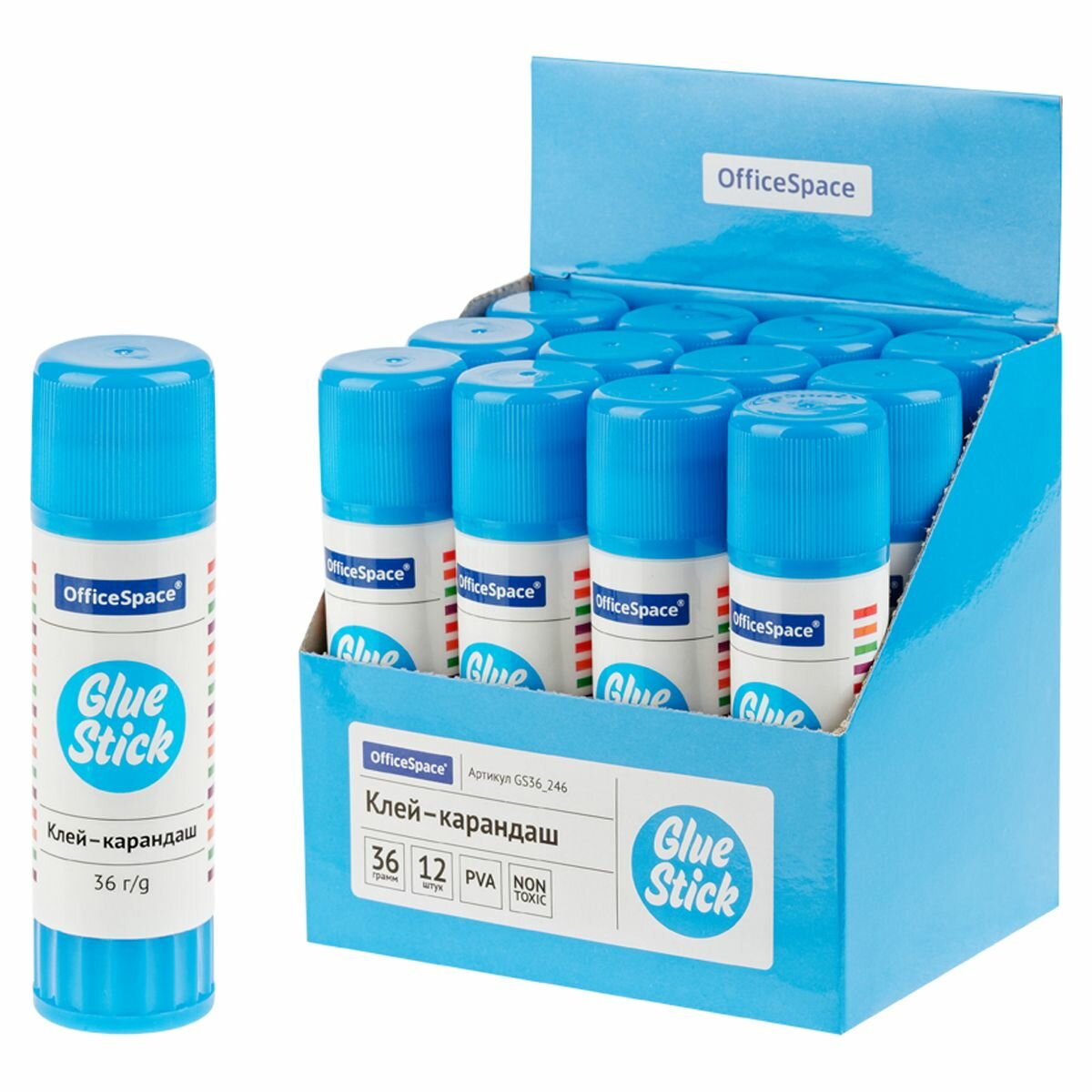 12 шт. Клей-карандаш OfficeSpace, 36г, дисплей, ПВА