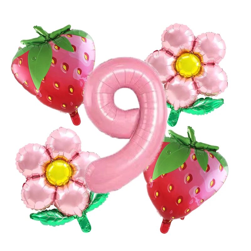 5 шт. фольгированные шары с фруктами, клубничным цветком и 40-дюймовым розовым воздушным шаром с цифрами и ягодами для первого дня рождения, милые летние товары для вечеринок