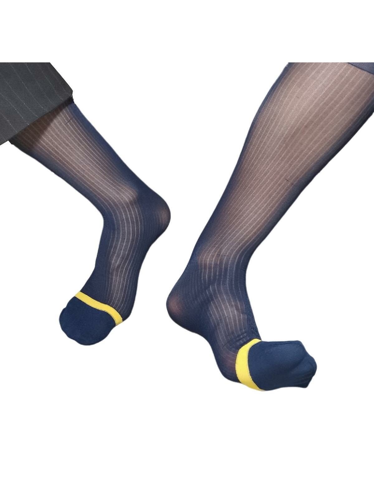 Мужские тонкие нейлоновые носки до колена, Золотые линии и темно-синий