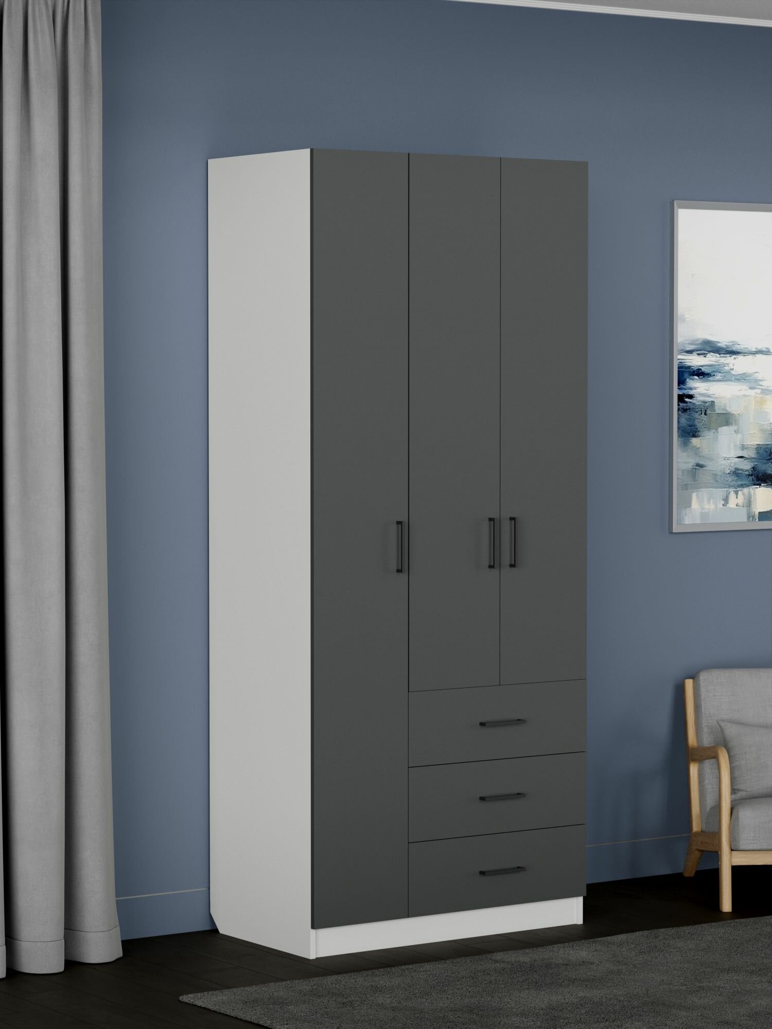 InHouse Шкаф распашной ШК-3/5 Белый/Антрацит 90х52х210, фасады ЛДСП