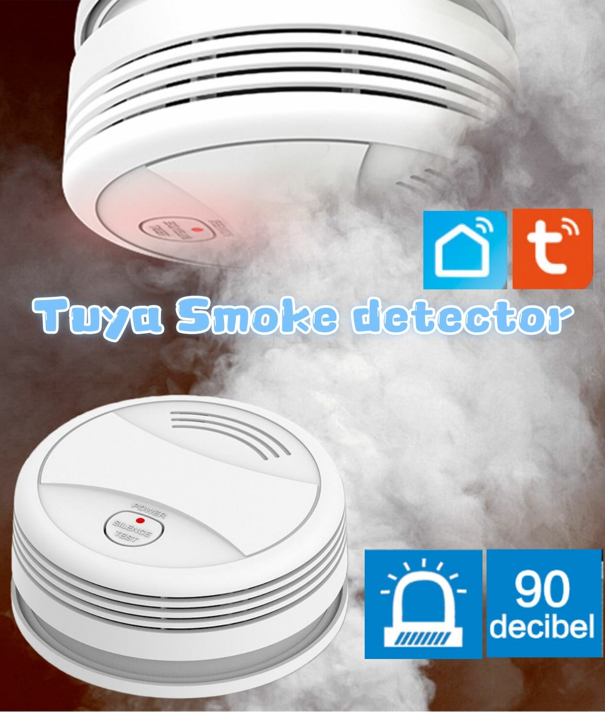 Умный Wi-Fi датчик дыма Tuya, фотoэлектрический сенсор, громкая сирена 90 дБ, оповещение через приложение, пожарная сигнализация для дома и офиса