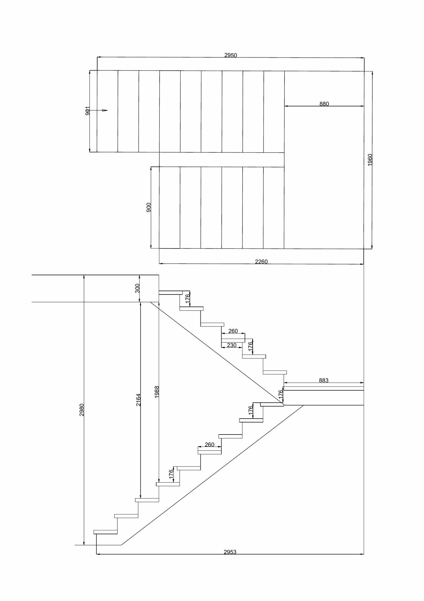 Лестница м/этажная,17 высот,15 ступеней и площадка, П-образная, без ограждения. Разборная. Ширина 90 см.