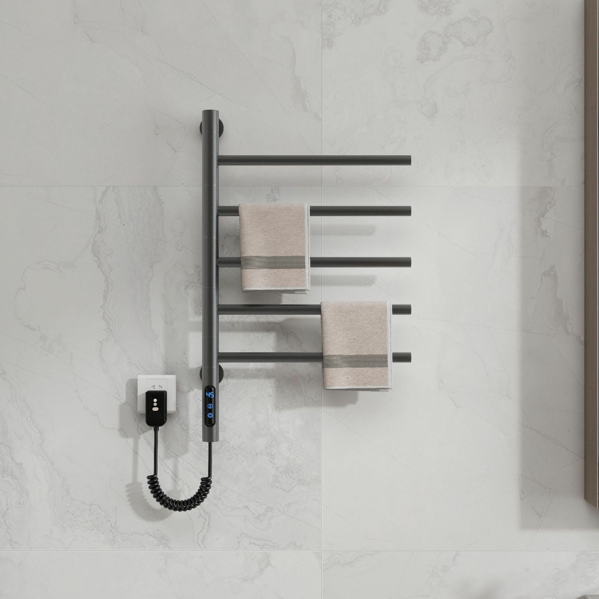 Космический алюминиевый умный электрический подогреваемый полотенцесушитель с постоянной температурой, вращающаяся стойка для хранения из нержавеющей стали без сверления