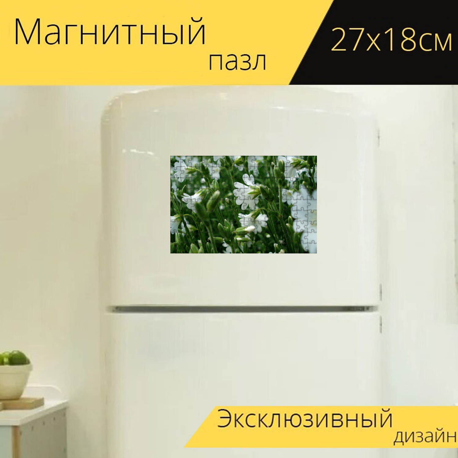 Магнитный пазл "Белые цветки, маленькие цветки, цветущая трава" на холодильник 27 x 18 см.