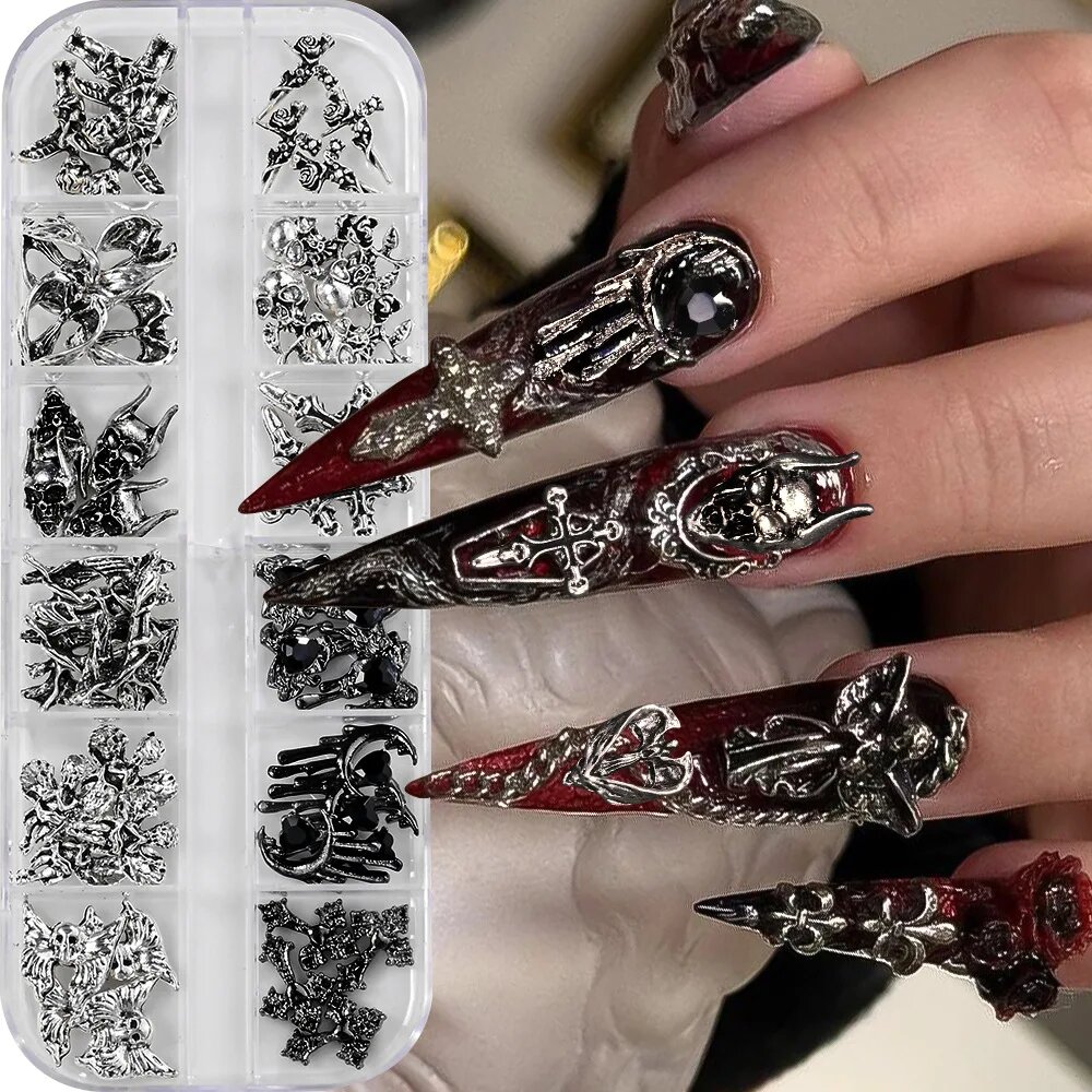 12Grid 3D Хэллоуин Панк Ретро Сплав Крест Ногти Подвески Y2k Готический Металлический Пистолет Черный Серебристый Череп, Крест Дизайн Ногтей DIY Крутая Часть Ногтей
