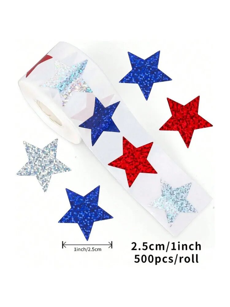 Блестящие лазерные звездные наклейки - 500 штук в рулоне