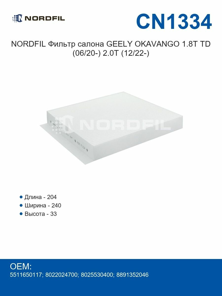 NORDFIL Фильтр салона GEELY OKAVANGO 1.8T TD (06/20-) 2.0T (12/22-)