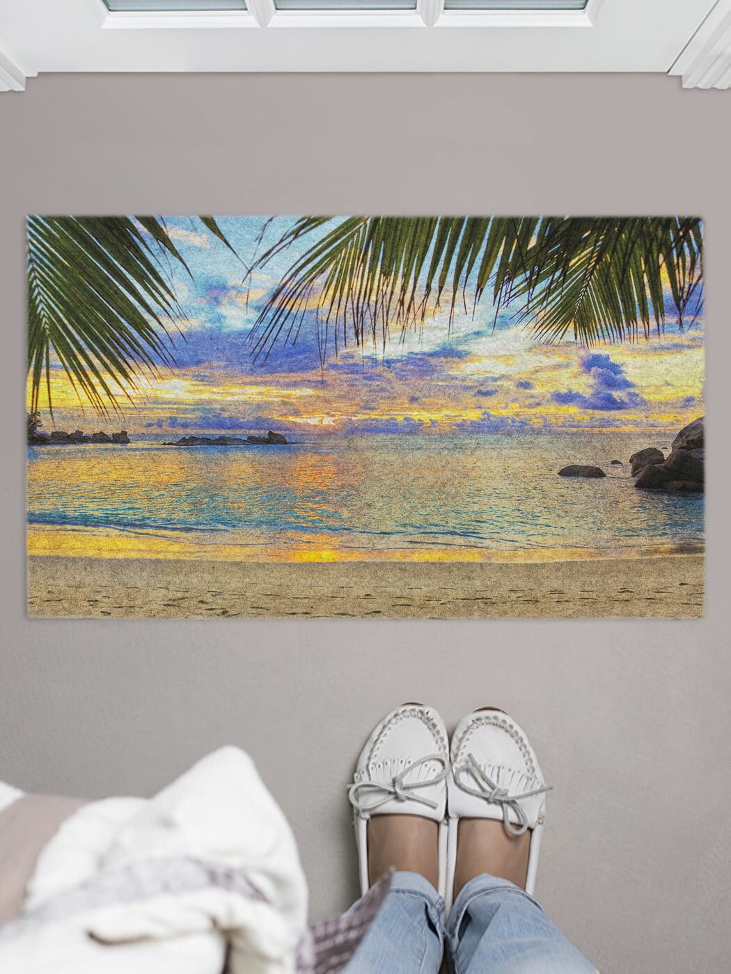 Коврик придверный в прихожую с принтом "Пальмы у тёплого моря" 45 на 75 см , JoyArty