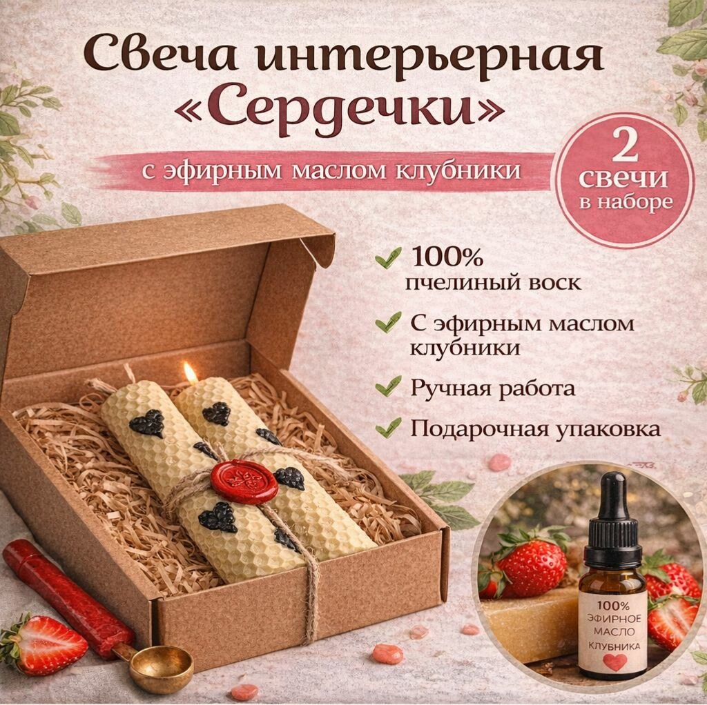 Свеча интерьерная, подарочная "сердечки" 2 шт в подарочной упаковке с сургучной печатью