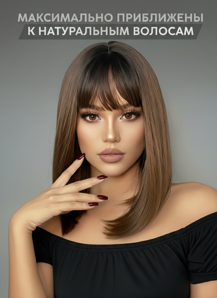 Парик женский, волосы как натуральные, коричневого цвета, каре