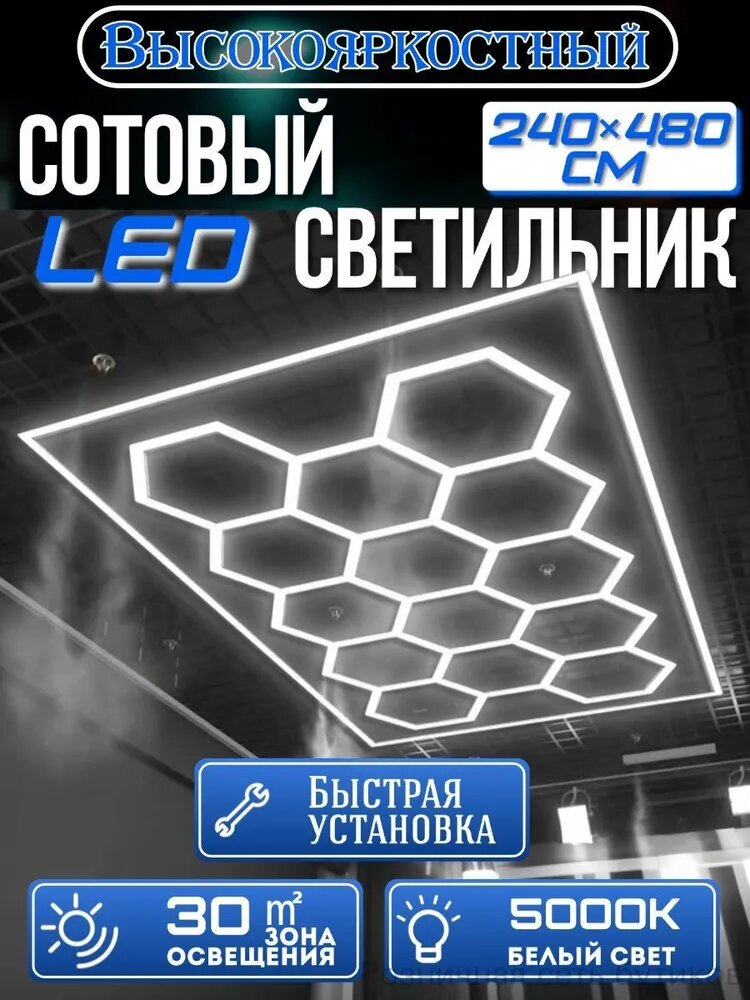Потолочный светодиодный светильник Honeycomb 720 Вт для гаража, детейлинга, сто, размер 4,845 x 2,435 м