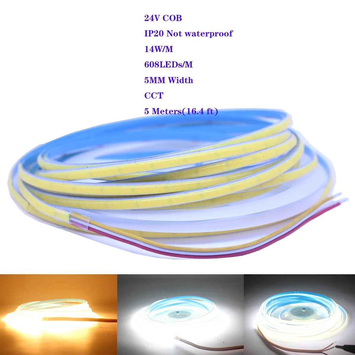 Taslauk RGB CCT COB светодиодная лента 608LEDs/m 24V 5M 24V 5mm CCT