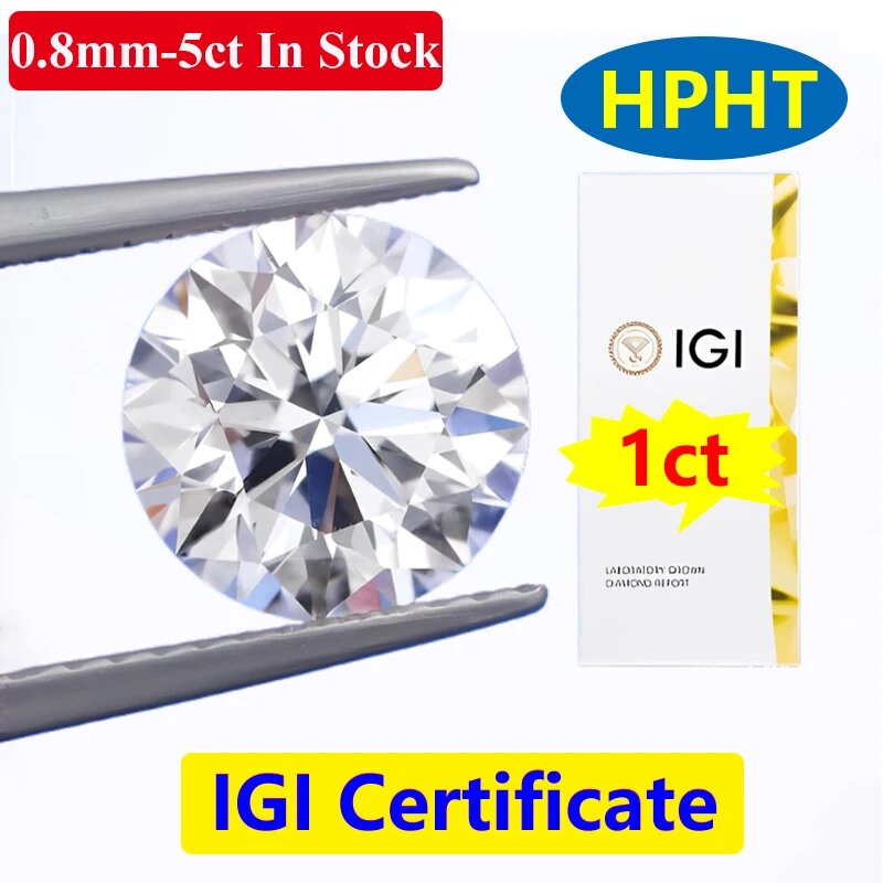 0,3-10 карат, полноцветная четкость HPHT CVD, круглый, выращенный в лаборатории бриллиант, свободный с сертификатом IGI, DEFG IF-VVS-SI Pass Test