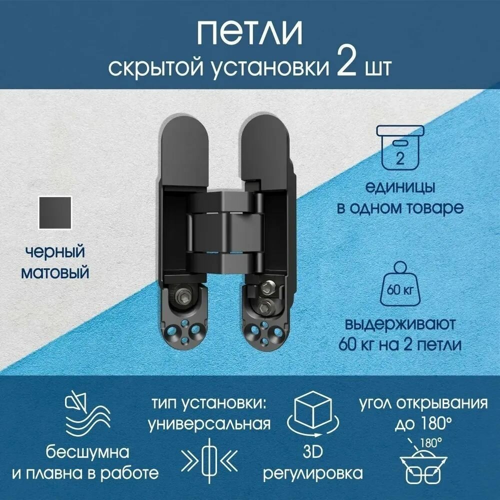 Петля дверная скрытой установки 135х27мм, соосная, универсальная, с 3D-регулировкой, черный матовый